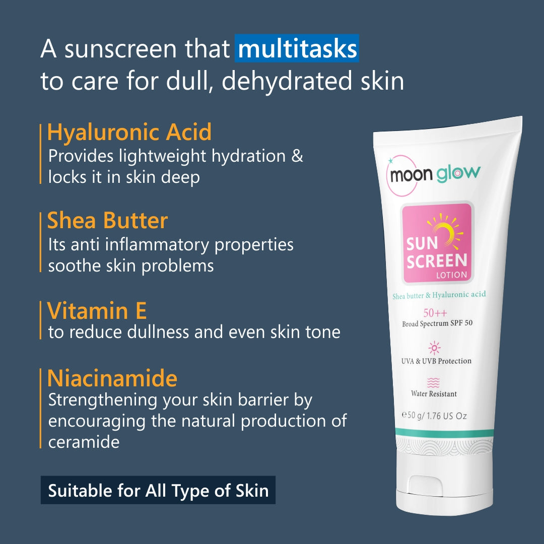 Moon Glow Shea Butter & Hyaluronic Acid SPF 50 PA+++ Sunscreen Lotion ...